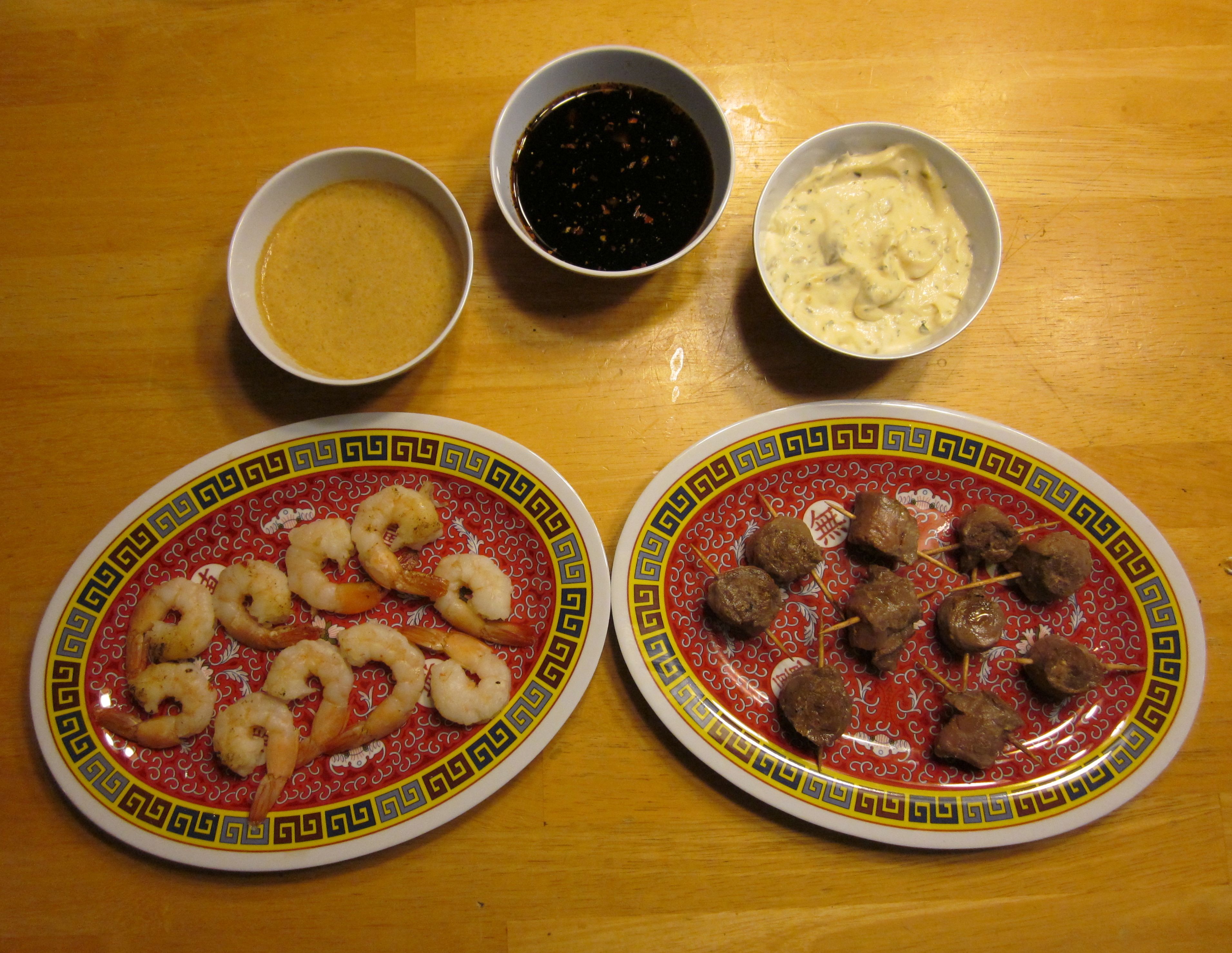 Salt Block Beef Spirals and Shrimp with Dipping Sauces | The Cooking Cobb
